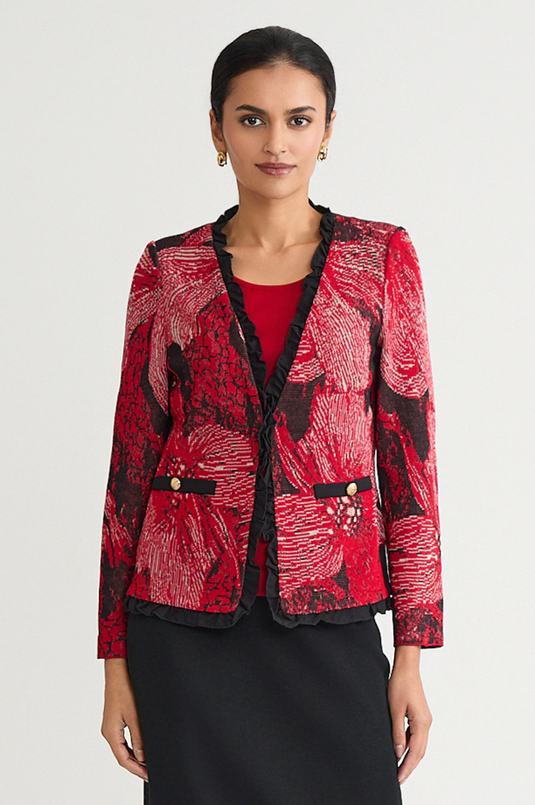 Plus Size Heritage Floral Ruffle Trim Jacquard Knit Jacket | Ming Wang